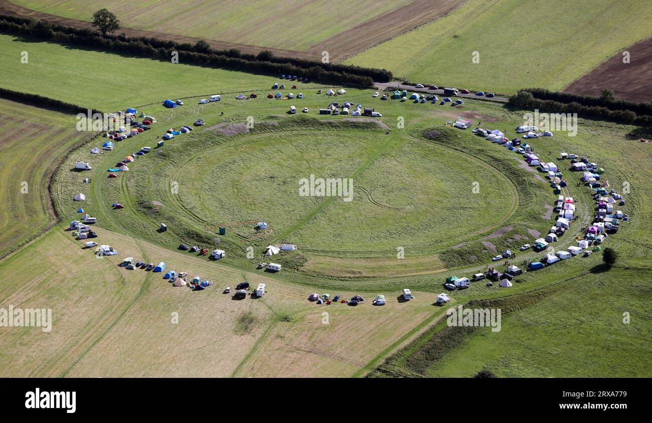 Aerial view of the Thornborough Henges on the 23rd Sept 2023, the solar ...