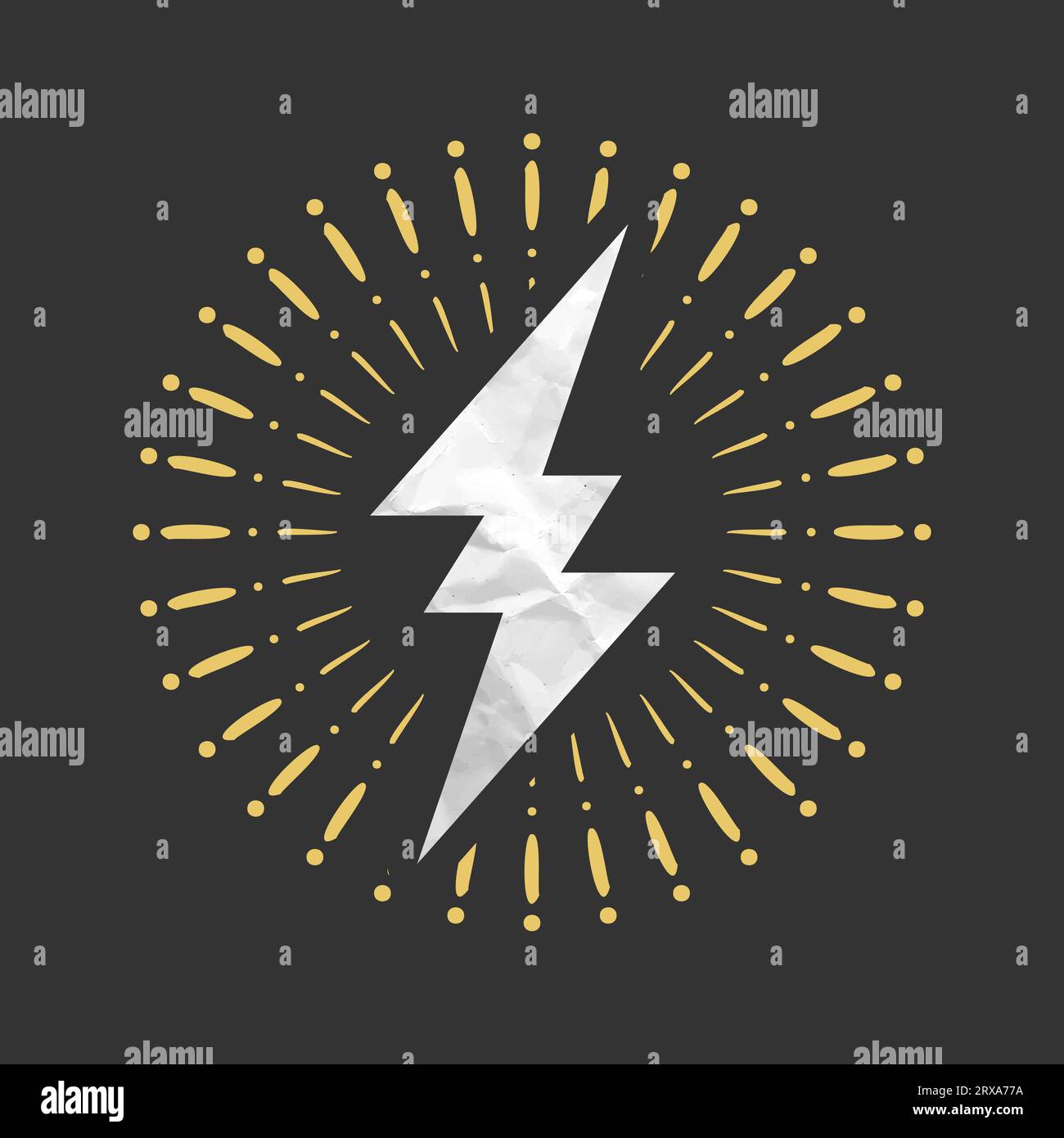 Vintage lightning bolt and sunrays. Lightnings with crumpled paper ...