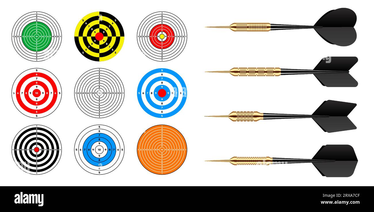 Paper targets with dart arrows. Shooting range round target, divisions ...