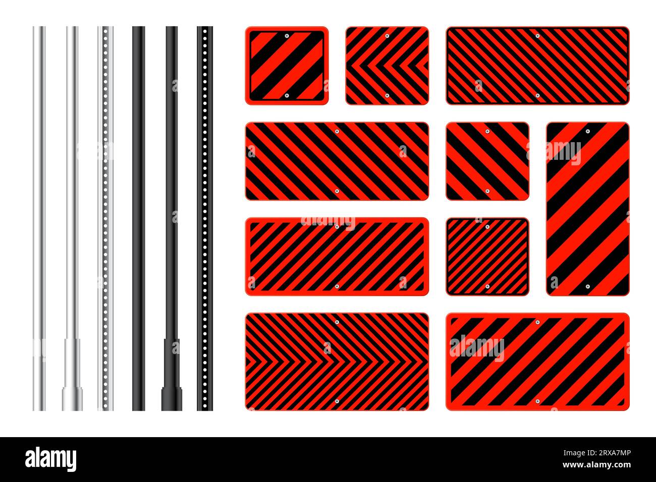 Warning, danger signs, attention banners with metal poles. Red caution ...