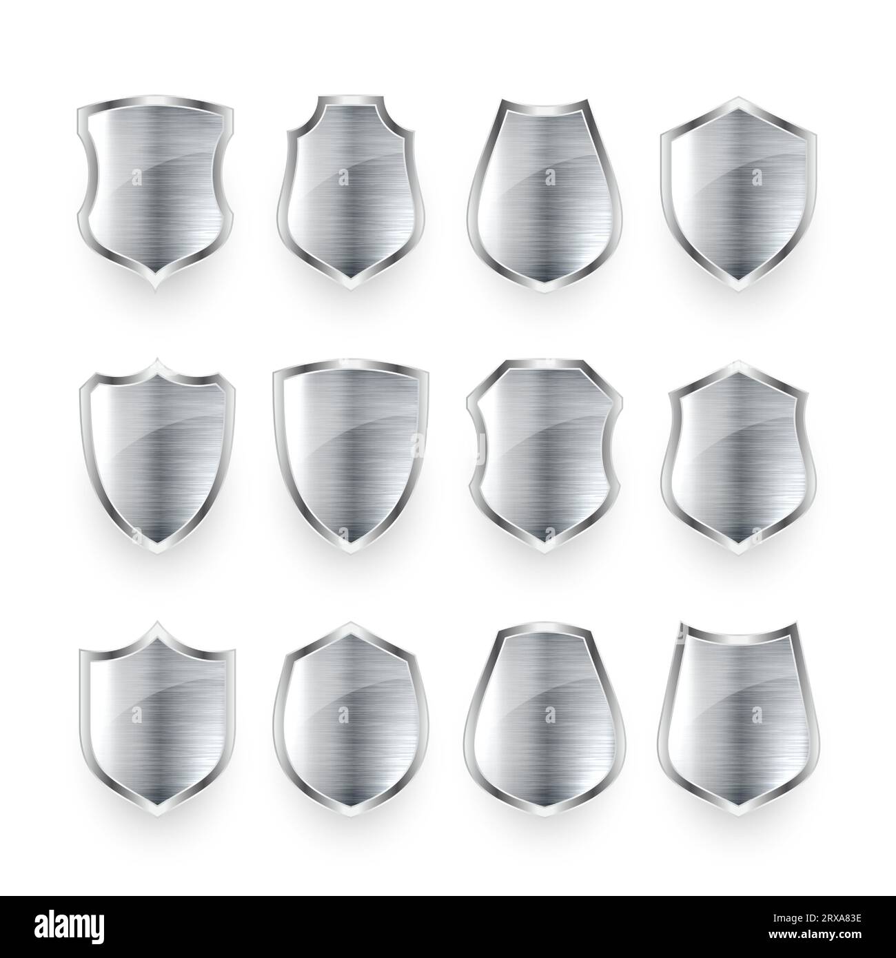 Set of various vintage 3d metal shield icons. Shiny steel heraldic ...