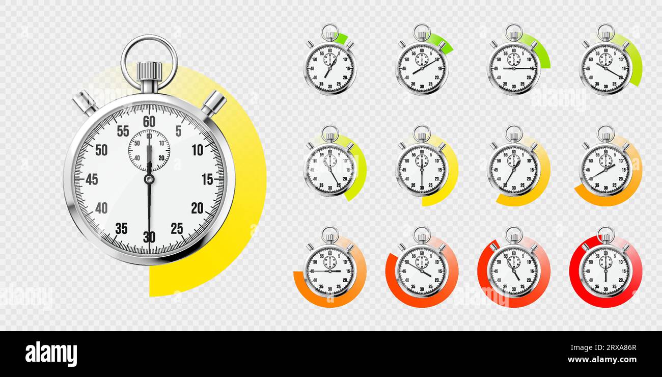 Realistic classic stopwatch. Shiny metal chronometer, time counter with ...