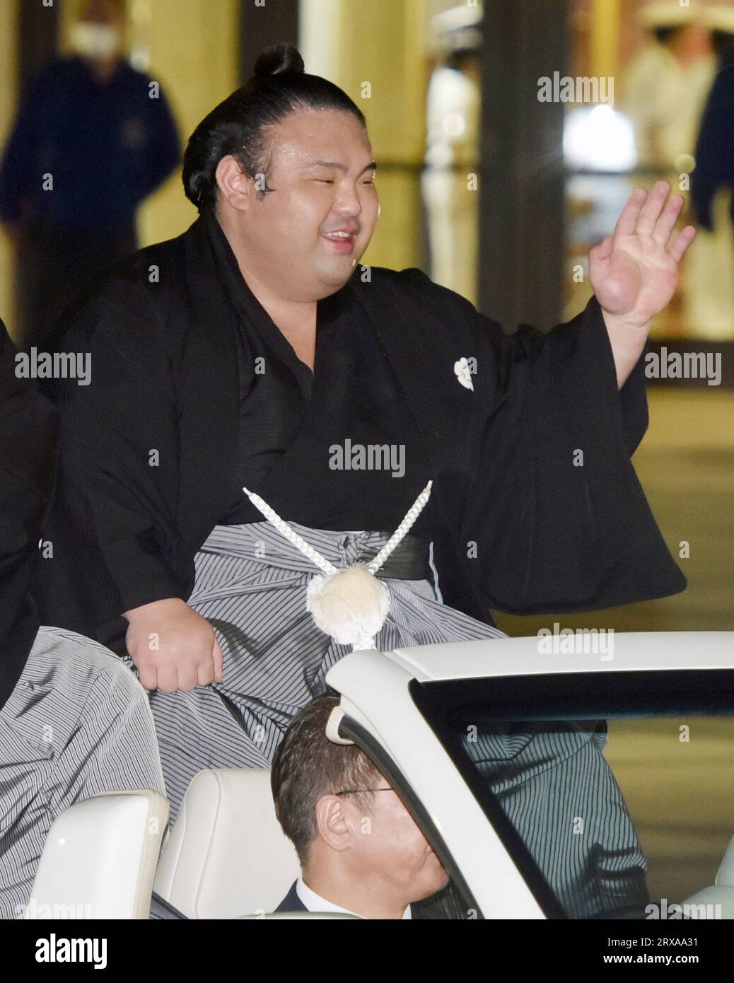 Takakeisho of Ozeki parades after winning play off match against ...