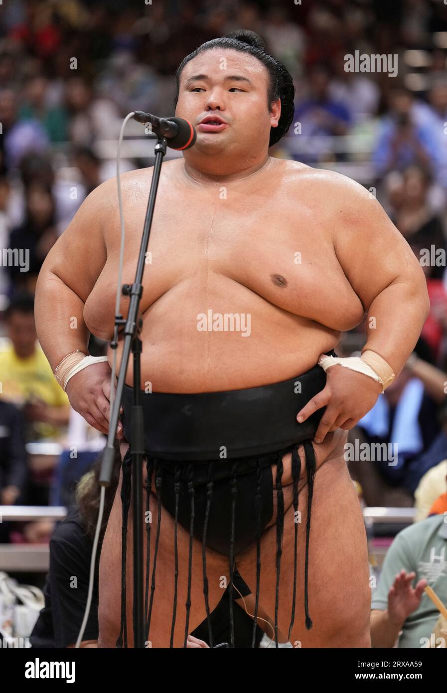 Takakeisho of Ozeki speaks after winning play off match against ...