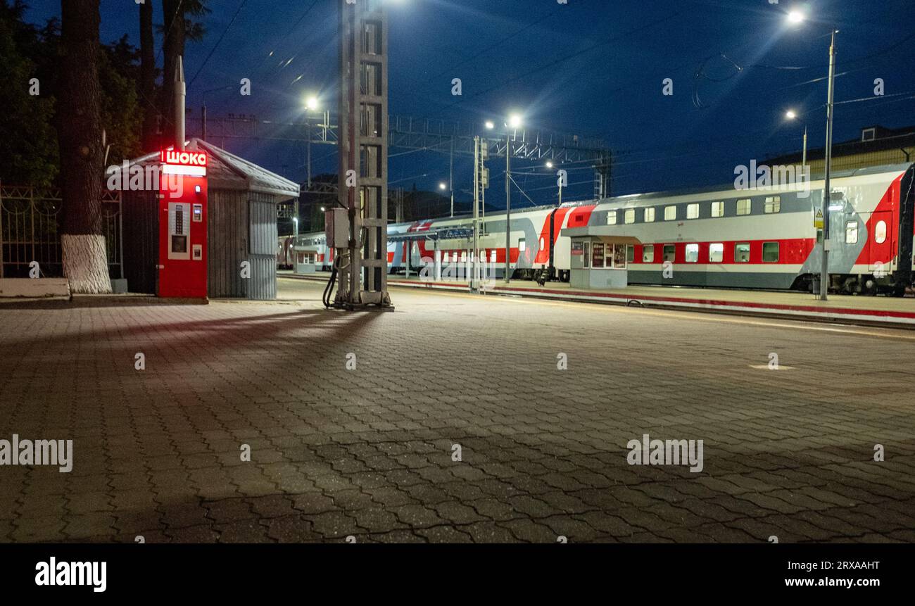 June 12, 2023, Tuapse, Russia. A double-decker passenger train of the ...