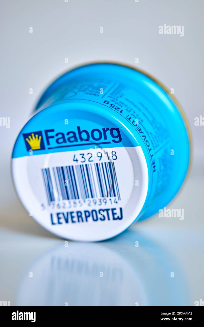 Faaborg Leverpostej, canned liver paté, 125g can; Denmark Stock Photo ...