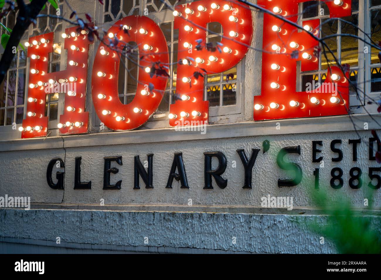 Panning shot showing the signboard of Glenary's Hope showing the famous ...