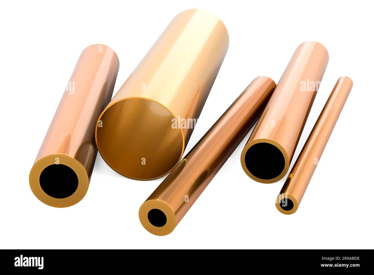 Stack of different sizes round pipes from copper, bronze or brass. Cold rolled metal. 3D ...