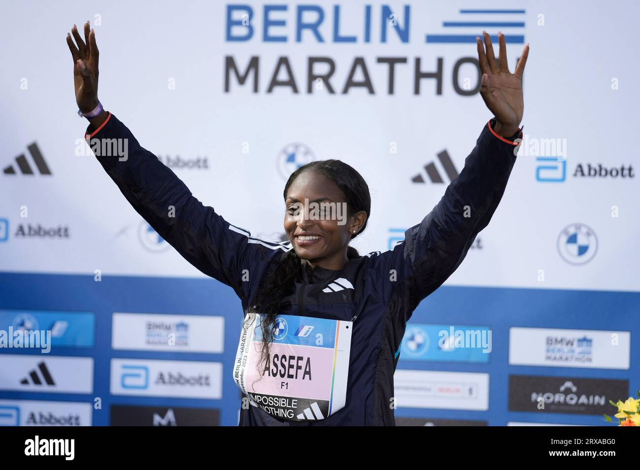 Ethiopia's Tigist Assefa celebrates after winning the women's division ...