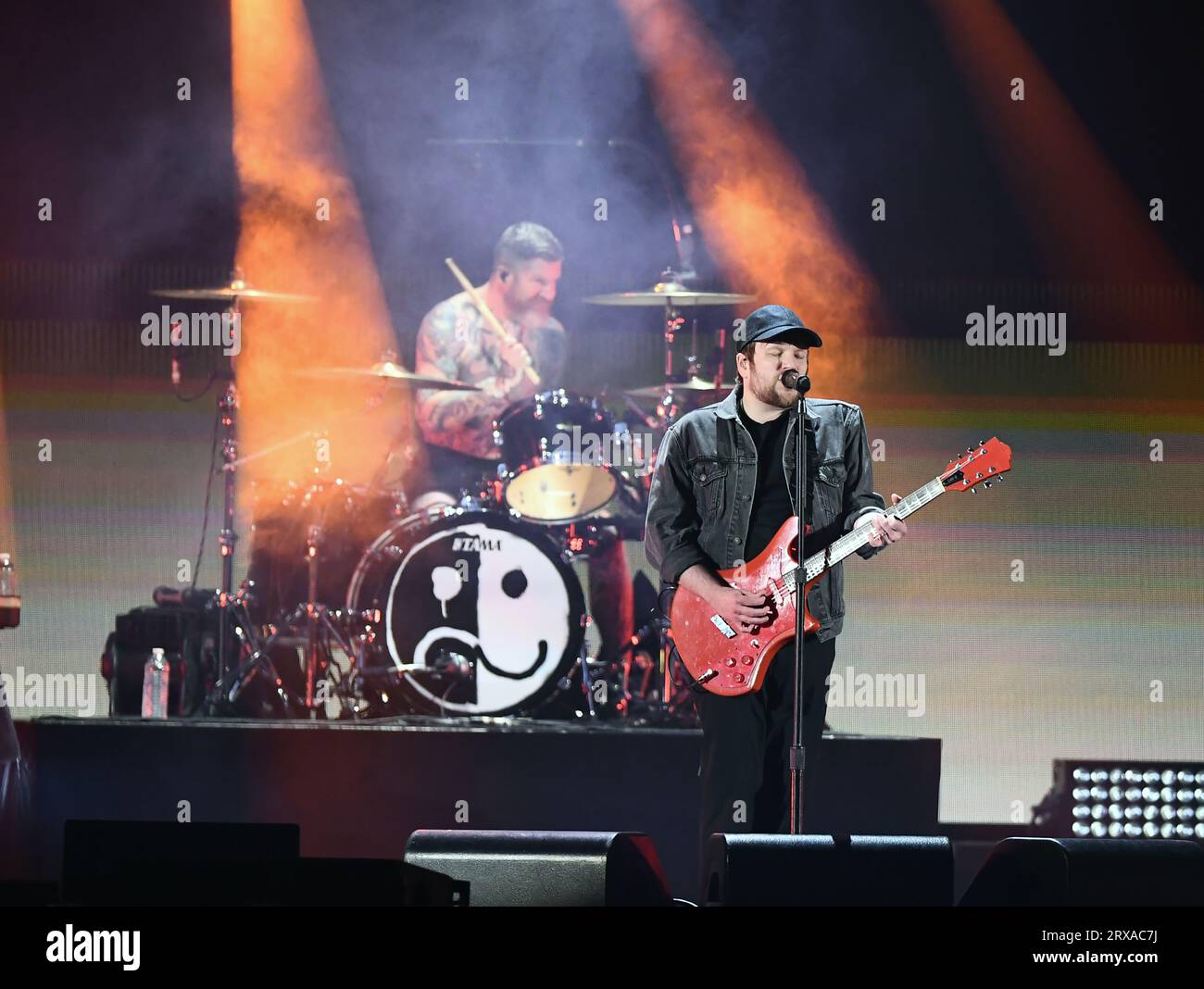 Andy Hurley (L) and Patrick Stump of Fall Out Boy perform during the ...