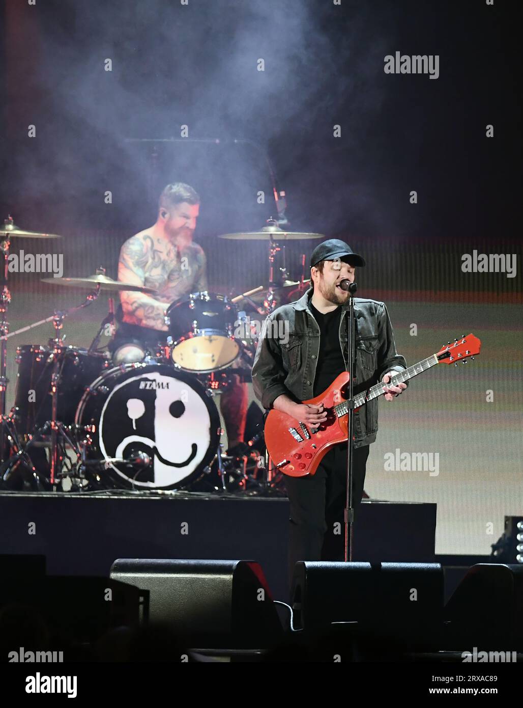 Andy Hurley (L) and Patrick Stump of Fall Out Boy perform during the ...