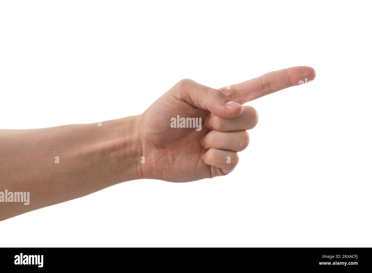 Man hand pointing with left index finger isolated on white background ...