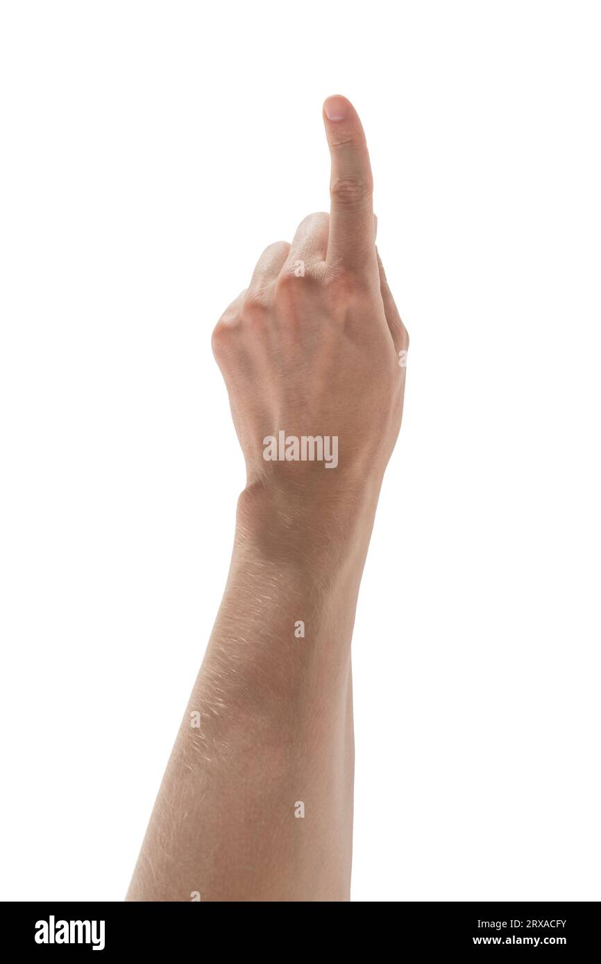 Man hand pointing with left index finger isolated on white background ...