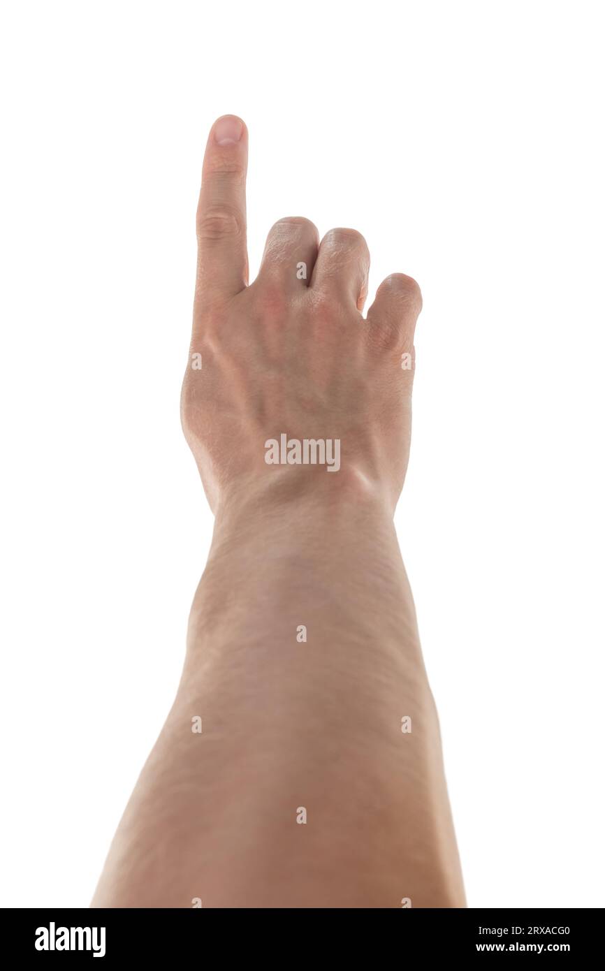 Man hand pointing with right index finger isolated on white background ...