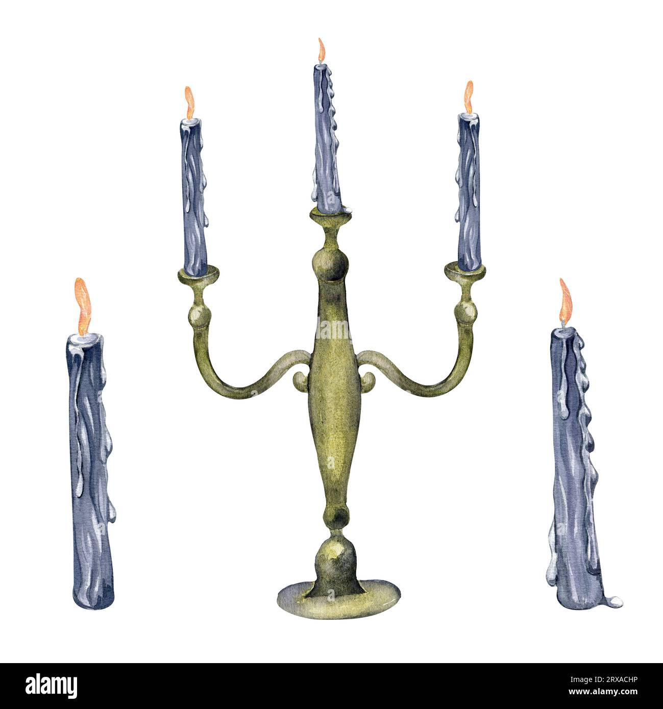 Watercolor ancient candlestick set isolated on white background. Gothic ...