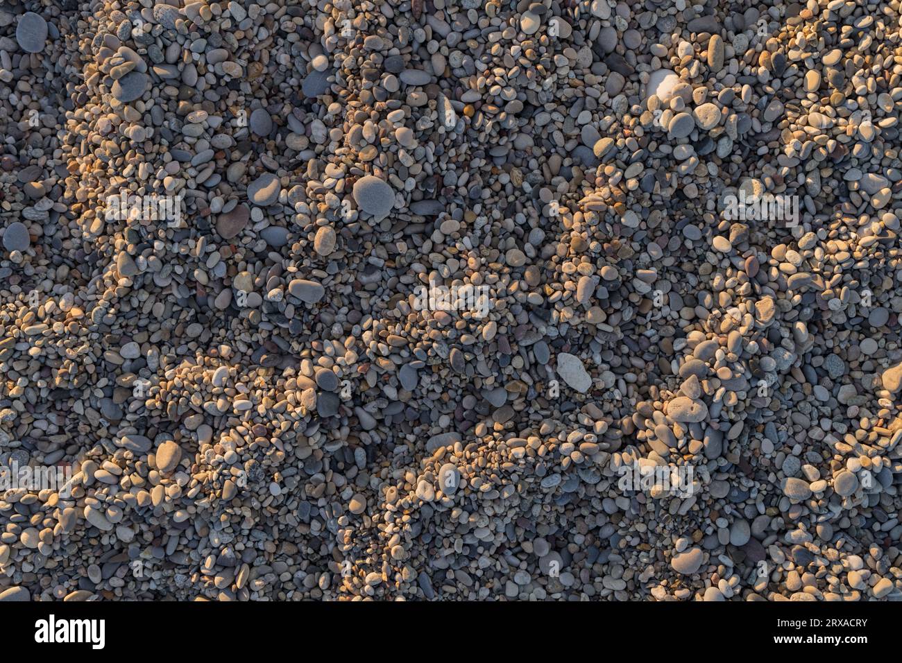 Smooth round pebbles on a Mediterranean beach with sunset light ...