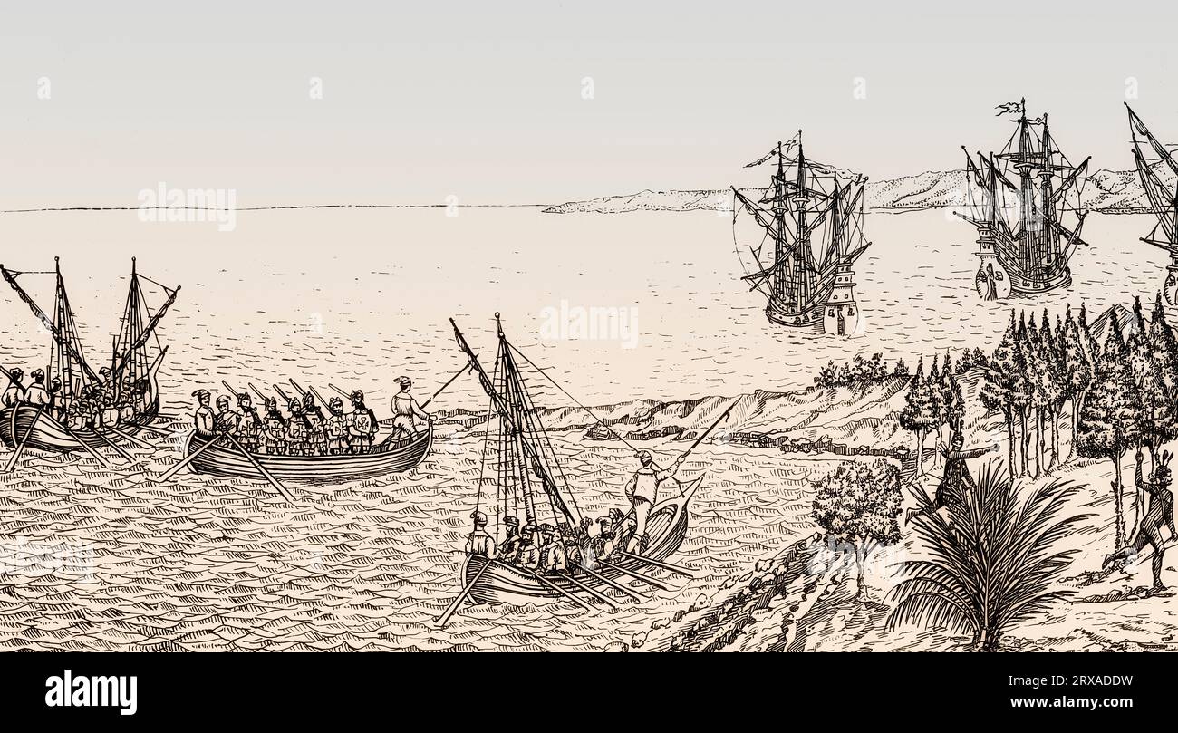 Boats of Vasco da Gama's fleet, 1497, Angra de Sao Bras, South Africa ...