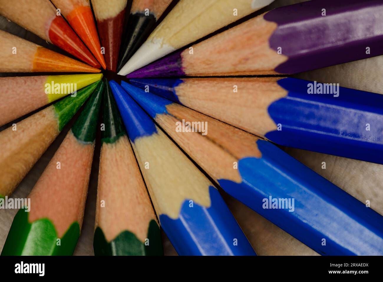 Vibrant colored pencils arranged in a circle, tips meeting in the ...