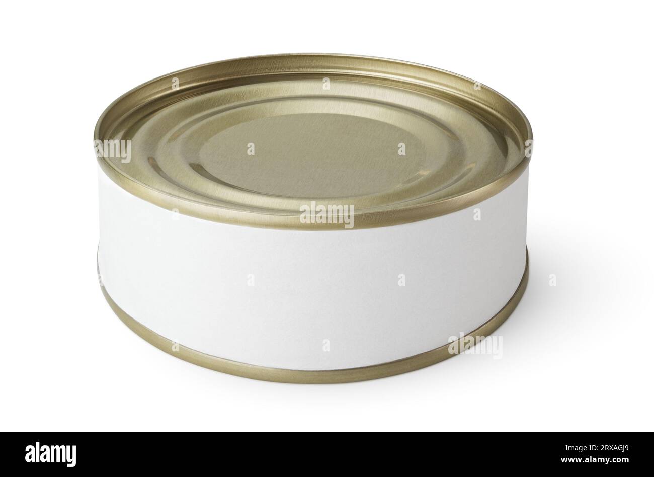 Small tin can with blank label isolated on white Stock Photo - Alamy