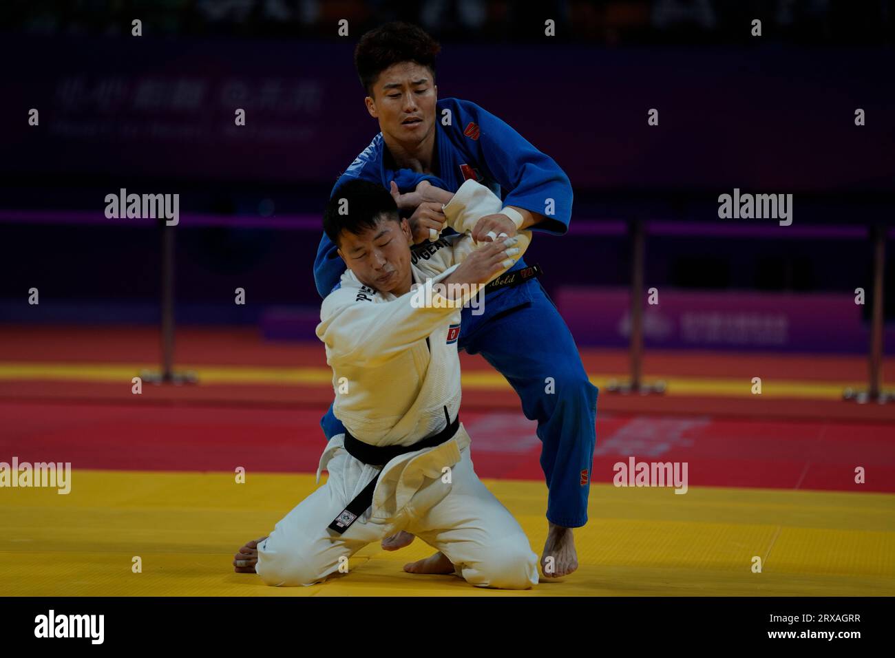 North Korea's Chae Kwangjin in white tries to throw Mongolia's ...