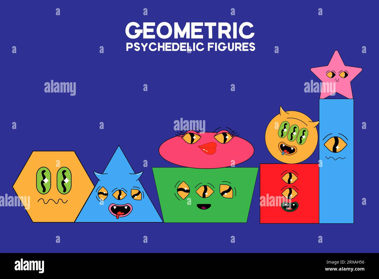 Geometric groovy psychedel shapes, live elements abstract. Vector ...