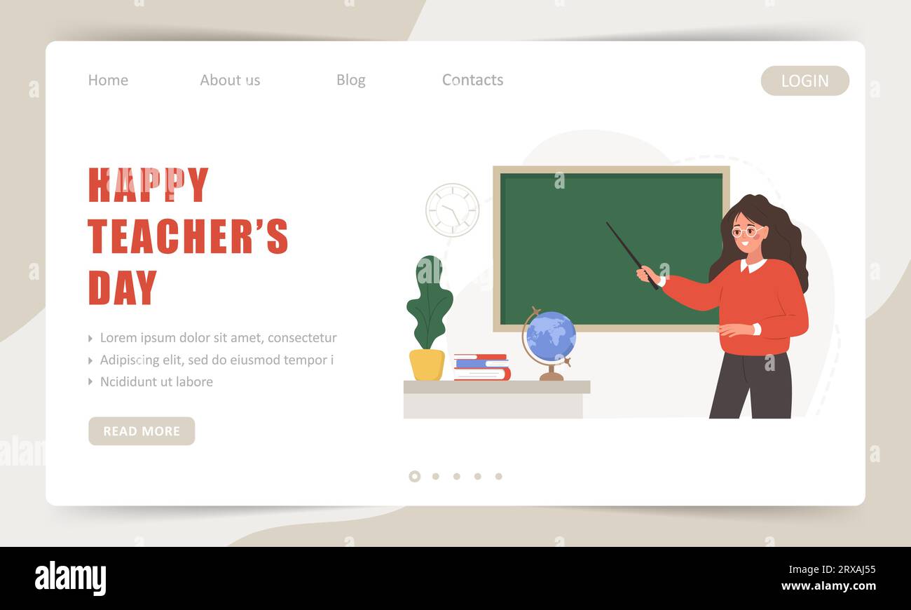 Happy teachers day. Landing page template. Female teacher in classroom with pointer at ...