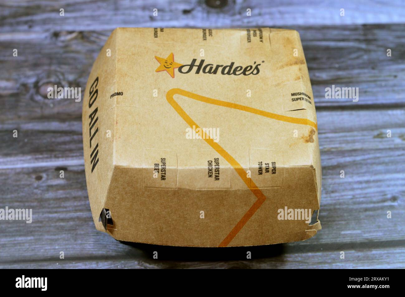 Cairo, Egypt, September 11 2023: Food delivery package of fast junk ...