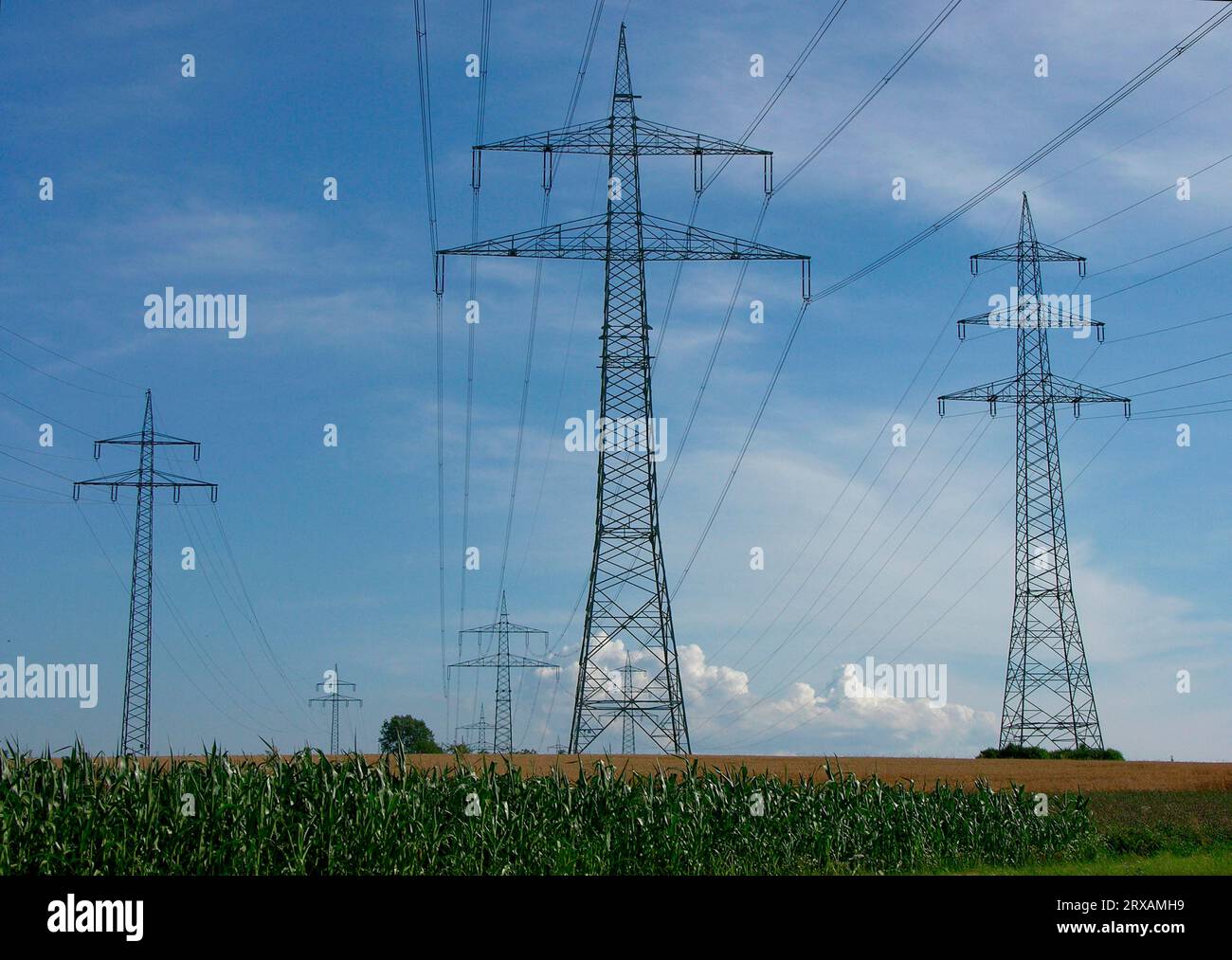 Power pylons in the field, power lines, overhead line, supply lines ...