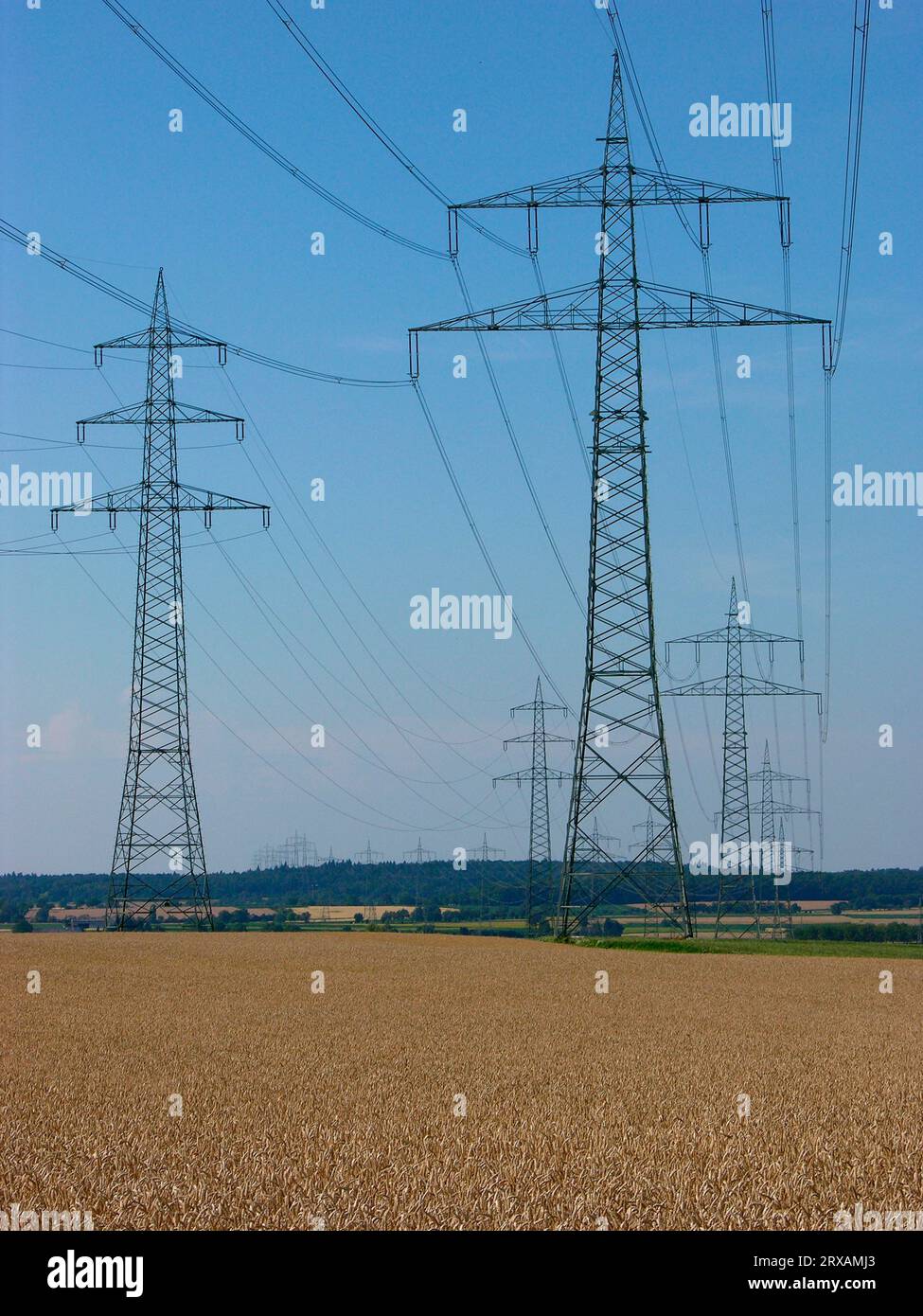 Power pylons in the field, power lines, overhead line, supply lines ...