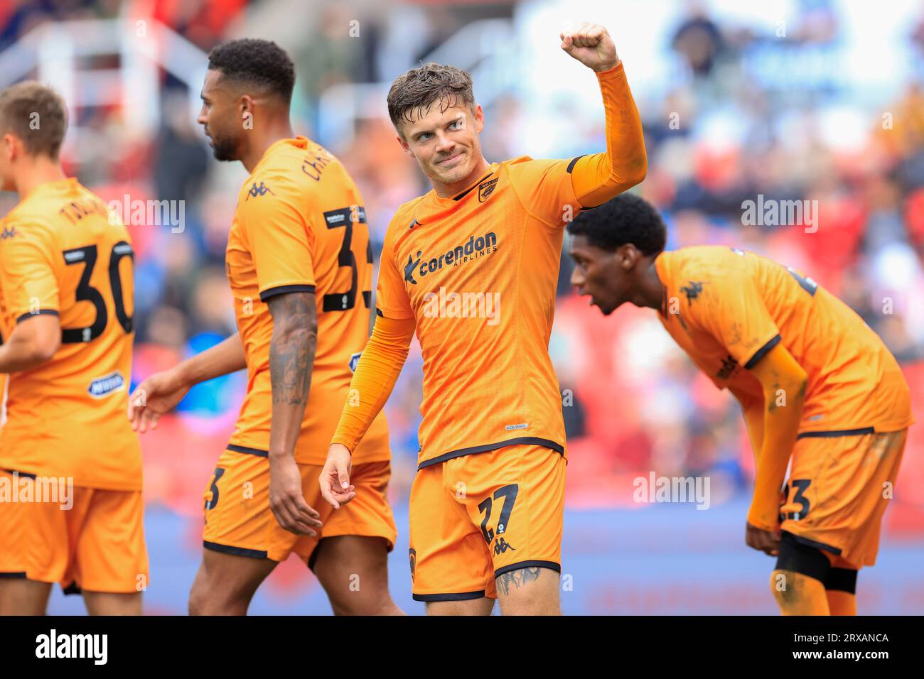 Regan Slater #27 of Hull City celebrates scoring to make it 0-3 during ...
