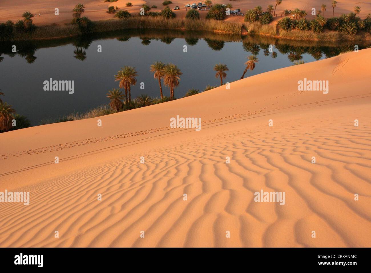 The wind cuts paths in the desert sand off Lake Um el Maa, Libya Stock ...