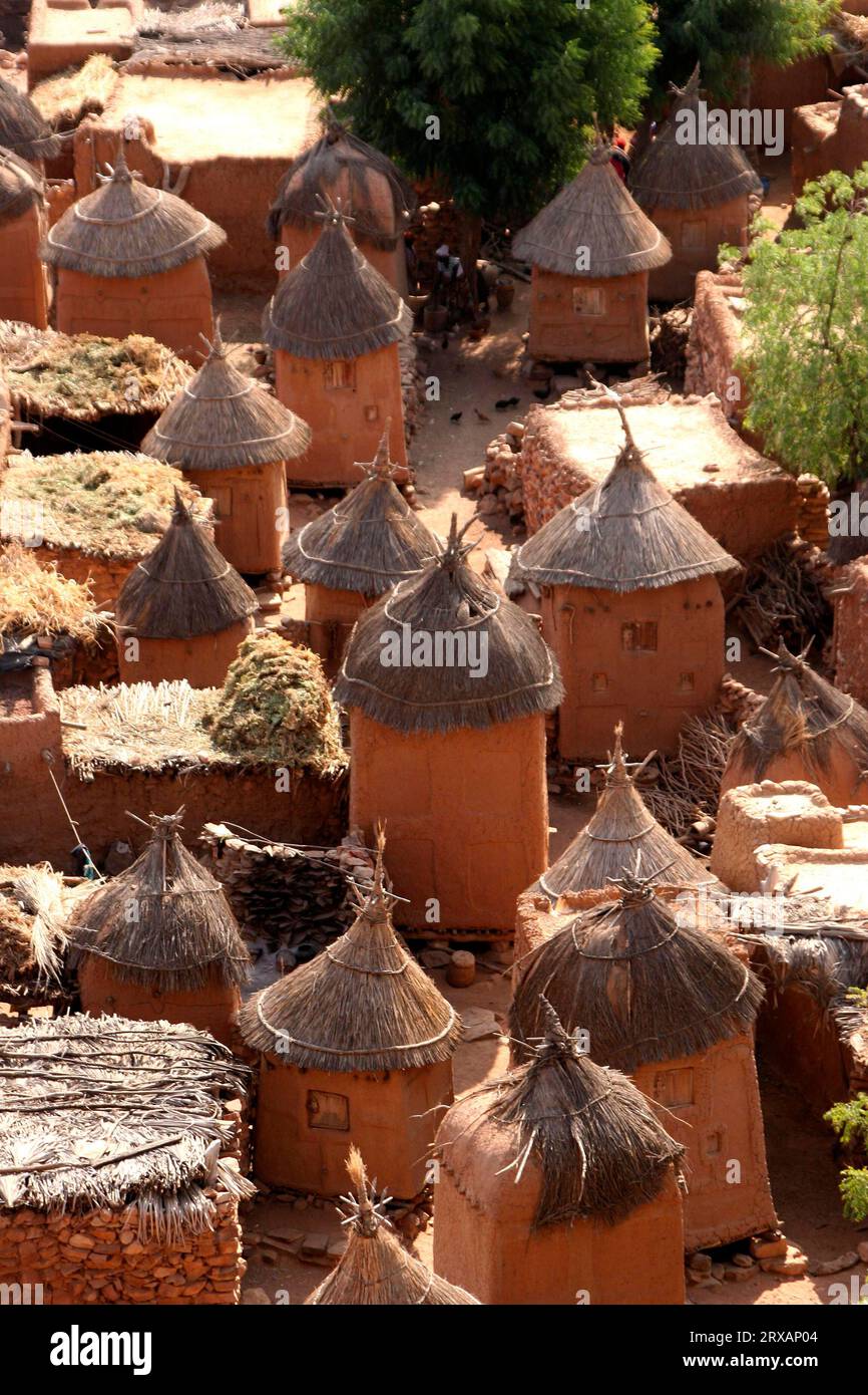 View of mud huts and granaries in Songo village in Dogon Land, Mali ...