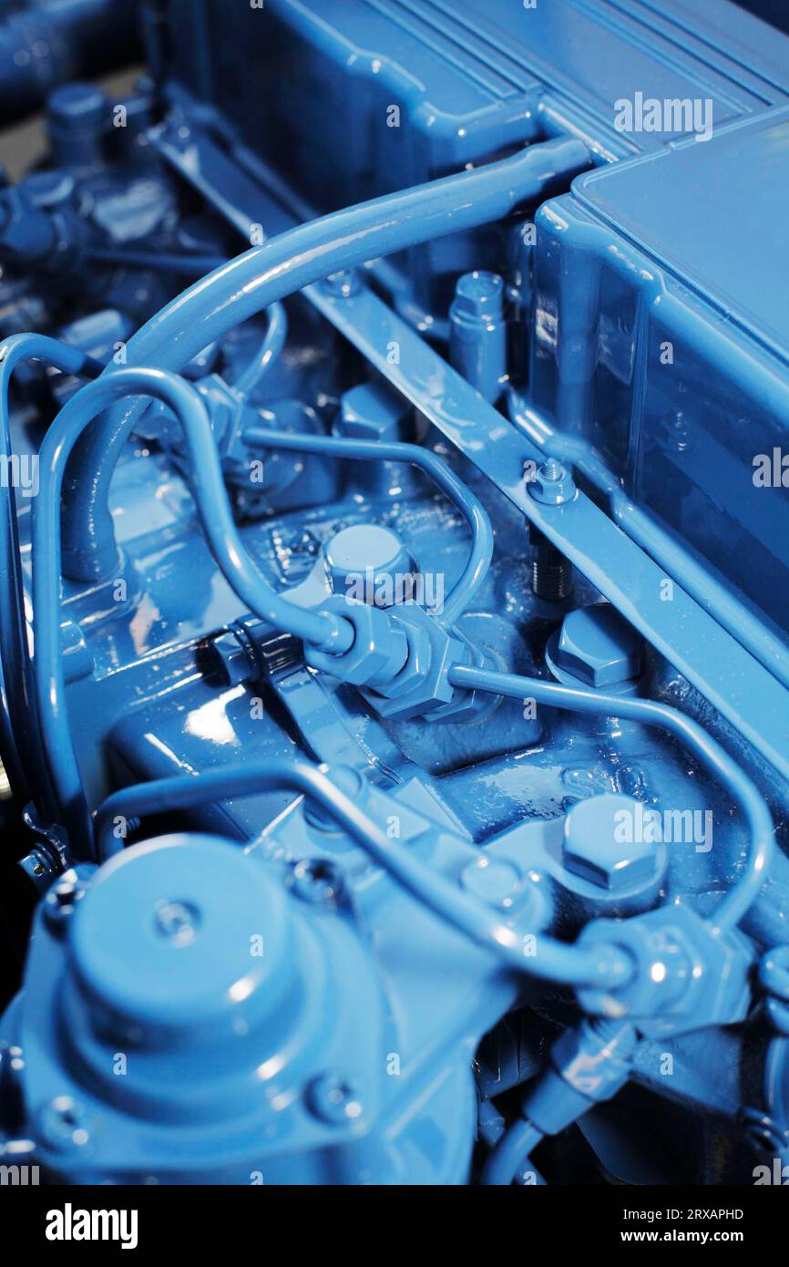 Detail of a new blue 60hp marine diesel engine Stock Photo - Alamy