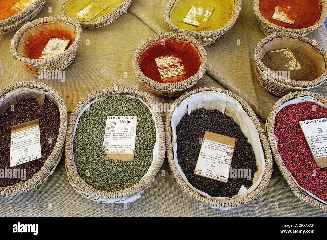 Market stall with spices, Sault, Provence, South of France Stock Photo ...