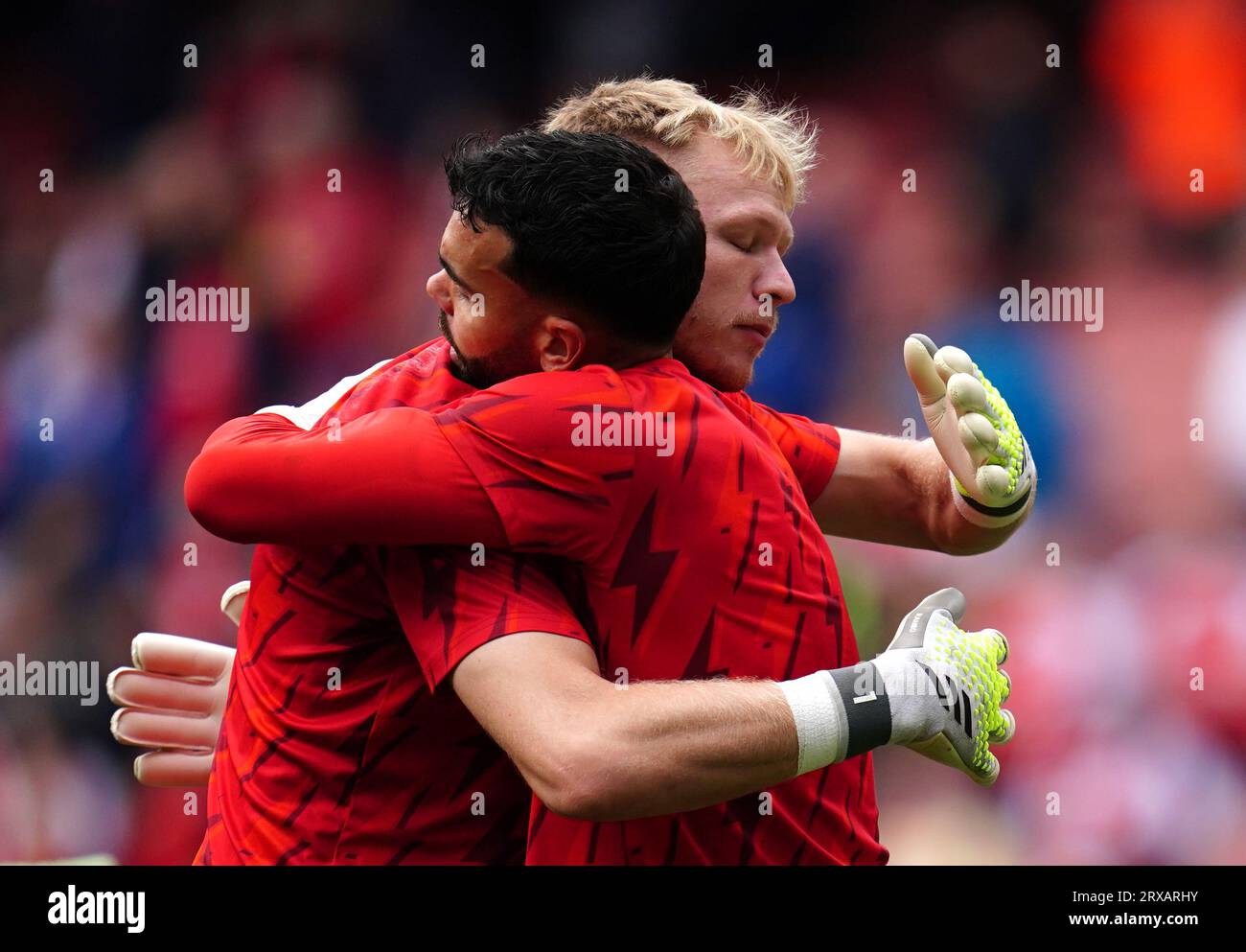 Arsenal Goalkeepers Aaron Ramsdale Left And David Raya Prior To The