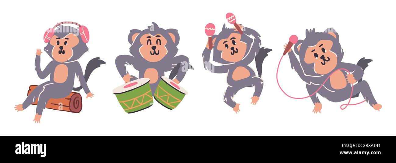 Monkeys are playing music . Cute cartoon characters . Hand drawn style ...