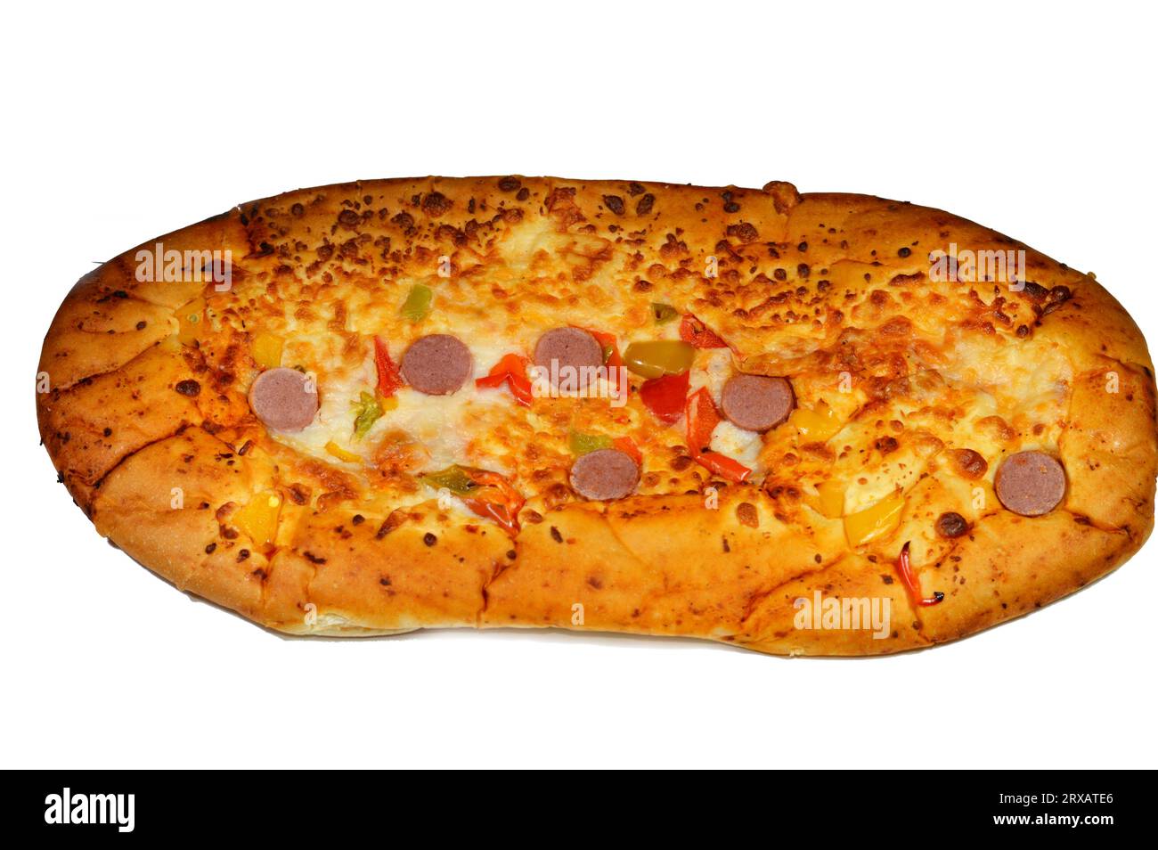Cheese Fougasse topped with slices of green peppers, cheese, and cut ...