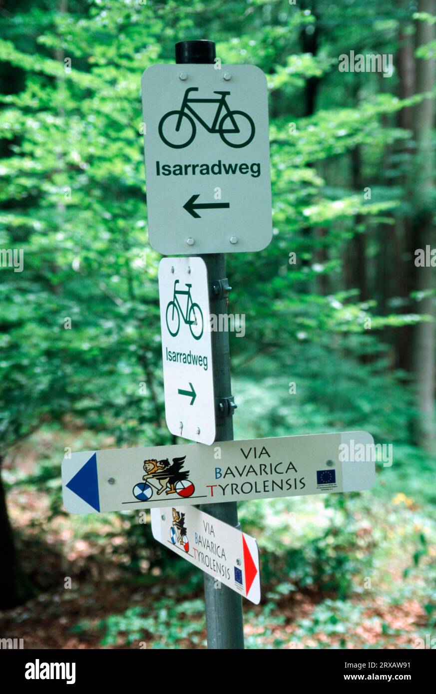Sign for the Isar cycle path near Munich, cycle path, Bavaria, Germany ...