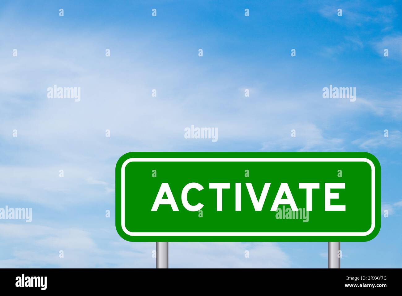 Green color transportation sign with word activate on blue sky with ...