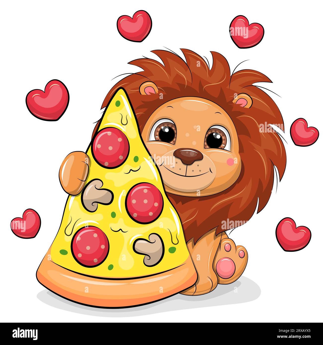 Cute cartoon lion with a big piece of pizza. Vector illustration of ...
