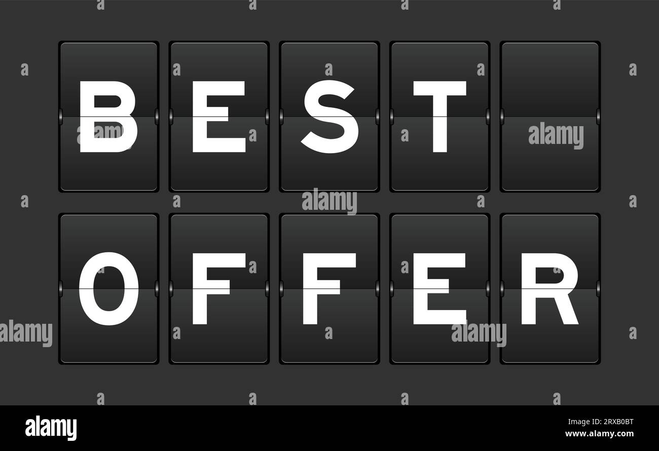 Black color analog flip board with word best offer on gray background ...