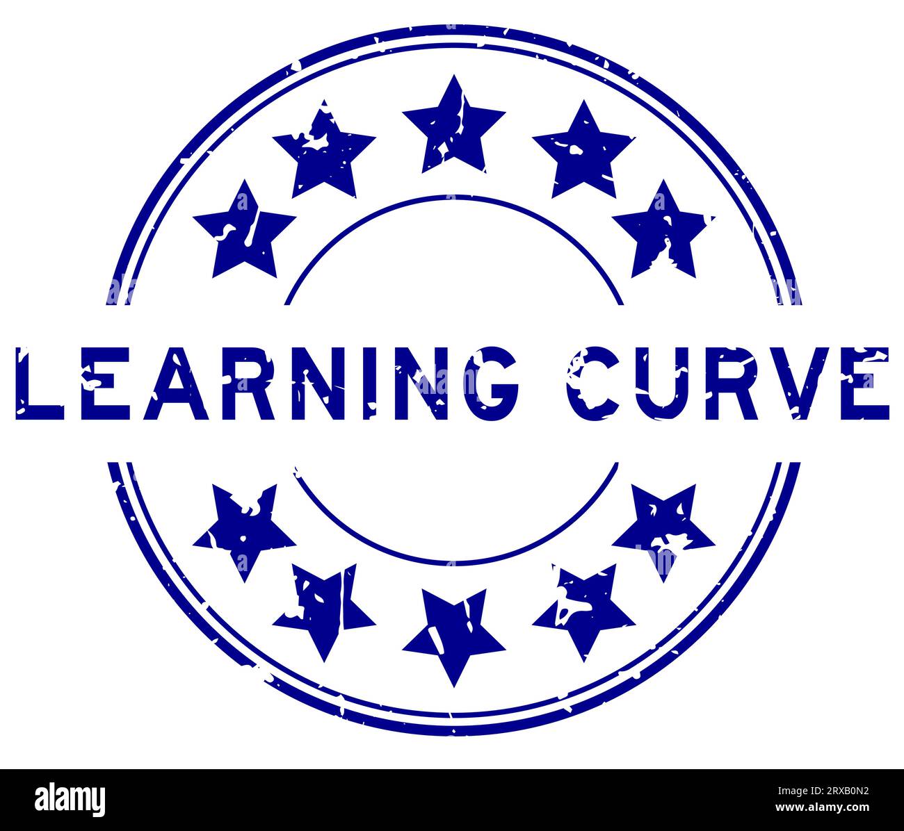 Grunge blue learning curve word with star icon round rubber seal stamp ...