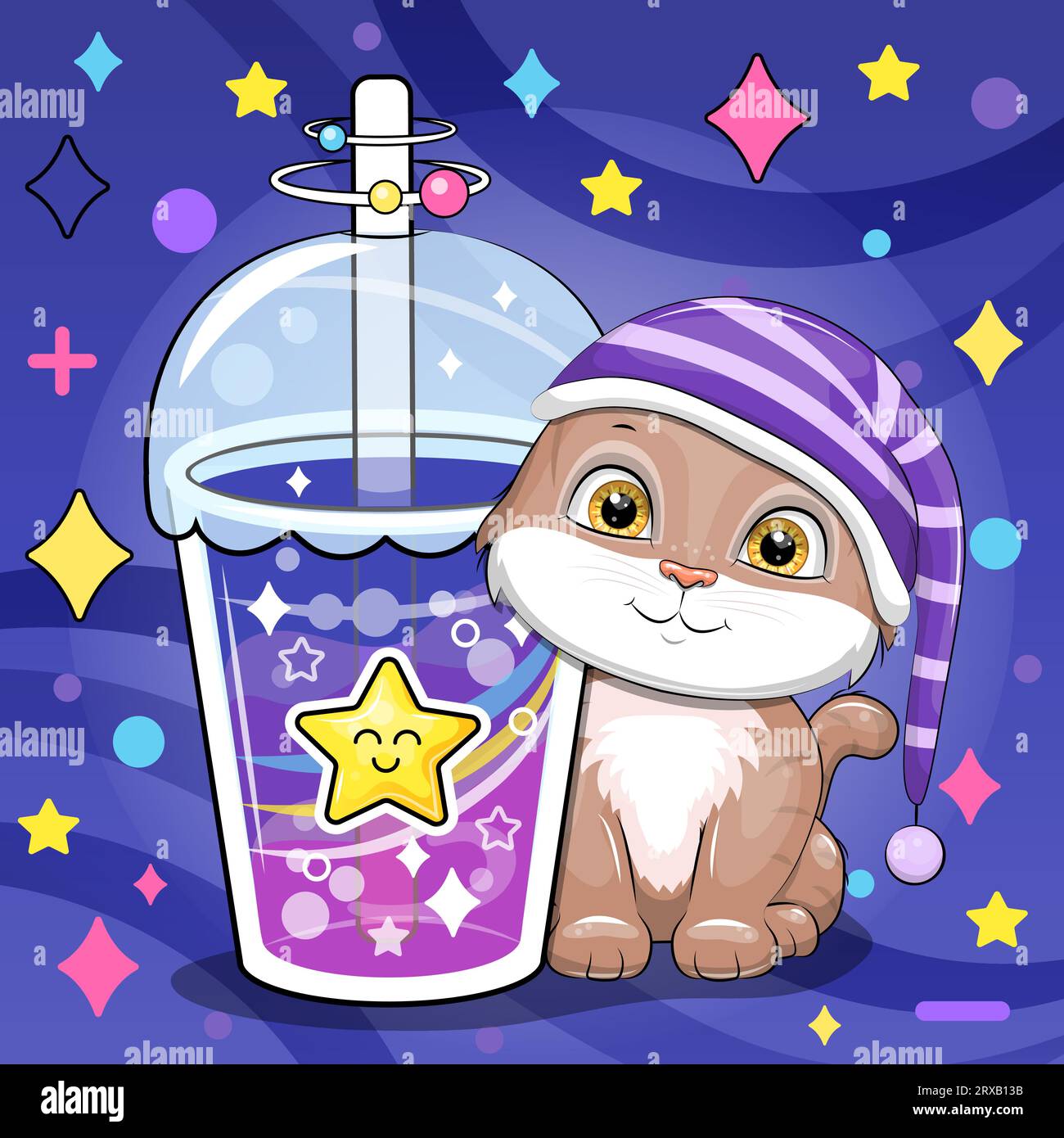 Cute cartoon cat with a purple nightcap and star drink. Vector ...