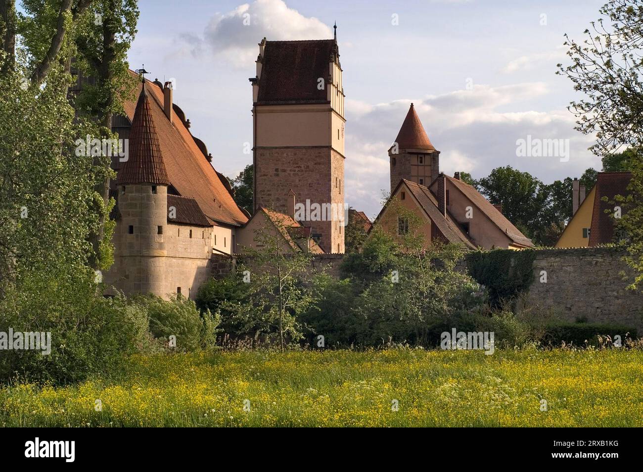 The Rothenburg Gate of Dinkelsbuehl seen over the city wall and a ...