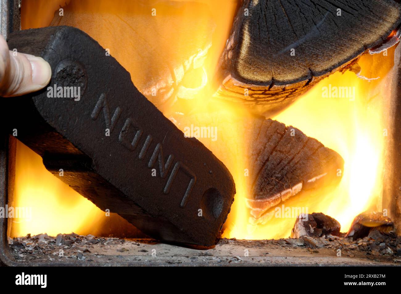 Fire with brown coal briquettes, brown coal, brown coals, brickett ...