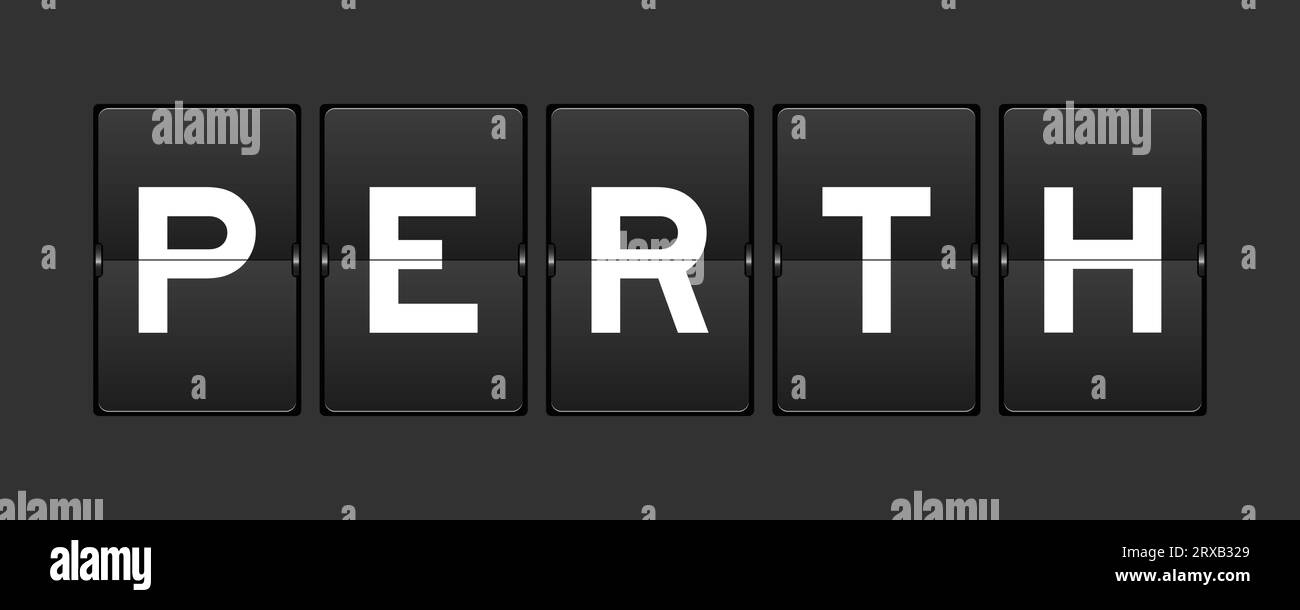 Black color analog flip board with word perth on gray background Stock ...