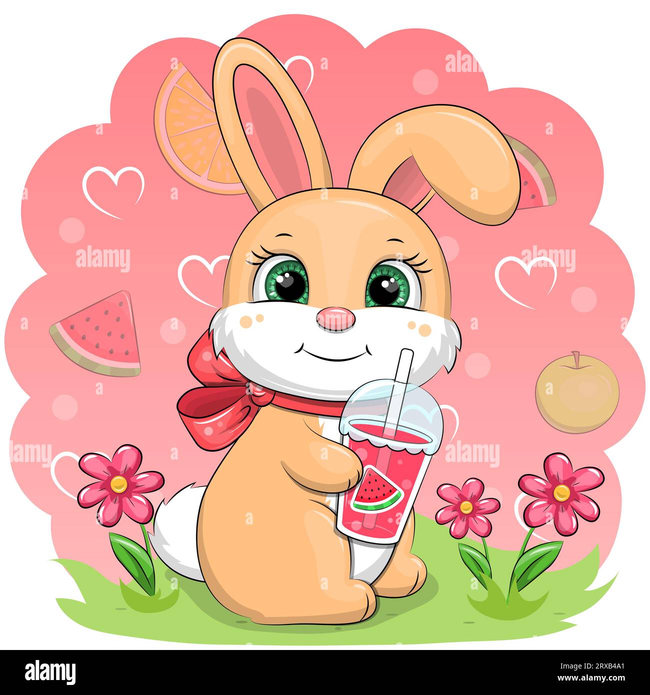 Cute cartoon bunny with a red bow and watermelon juice. Vector ...