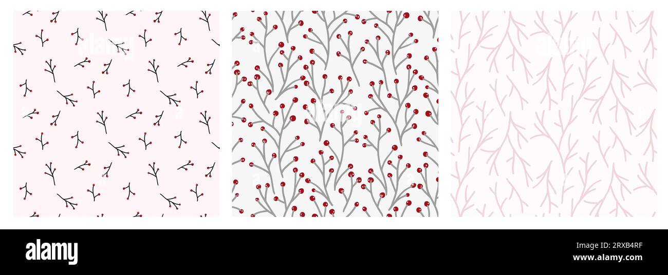 Winter berry branch seamless pattern set for textile or wallpaper ...