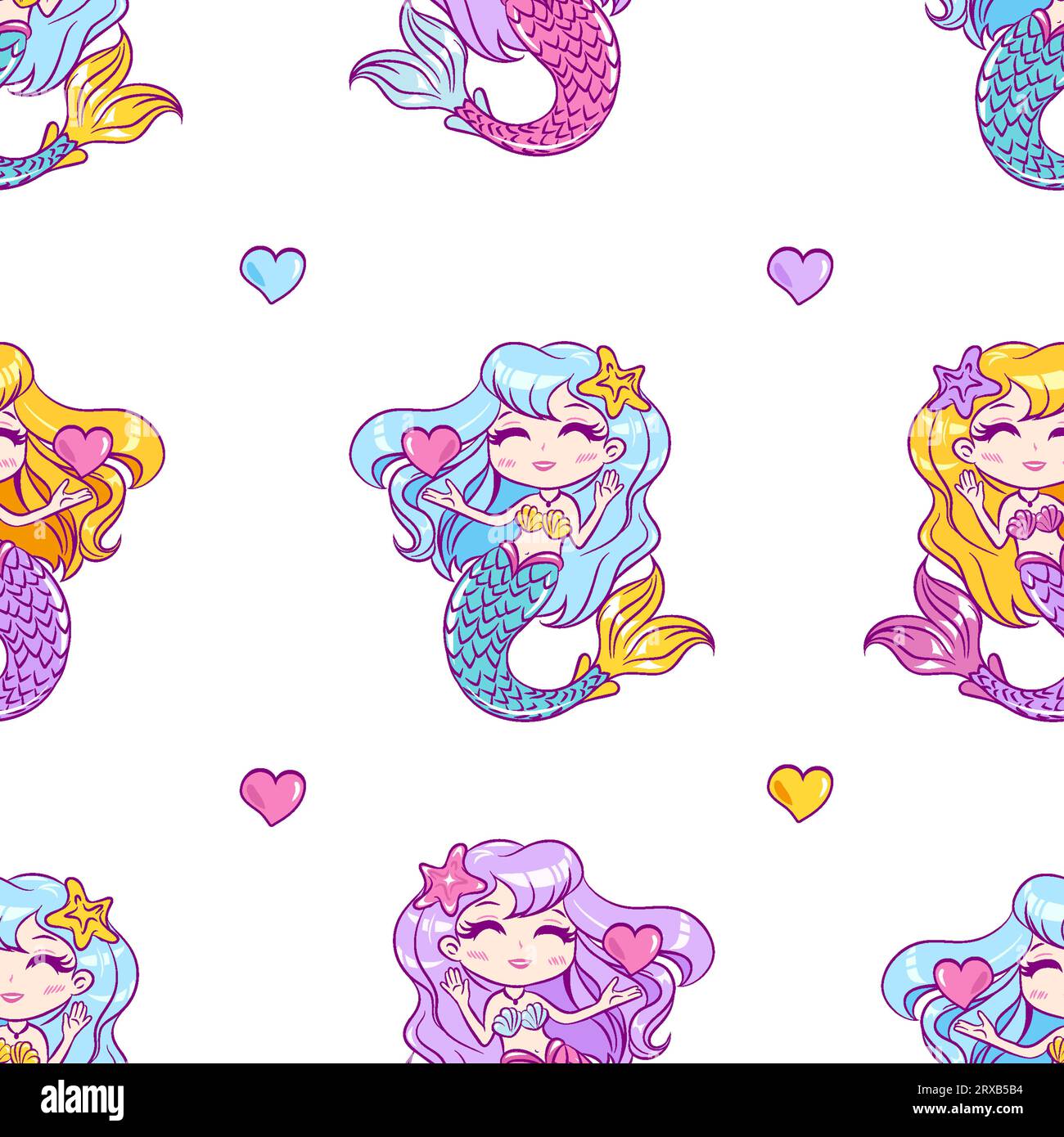 Seamless pattern of cute little mermaids with hearts for design on a ...