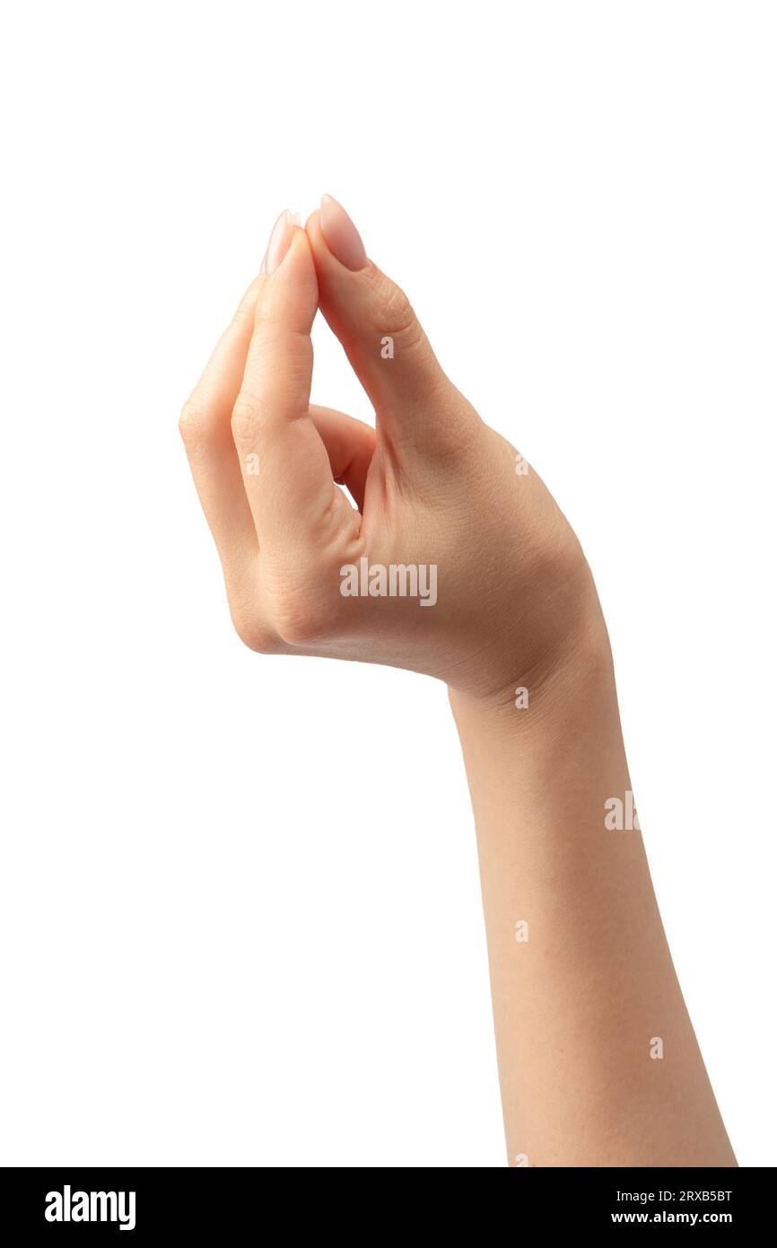 Hand of a woman holds some tiny or thin object, isolated on a white ...